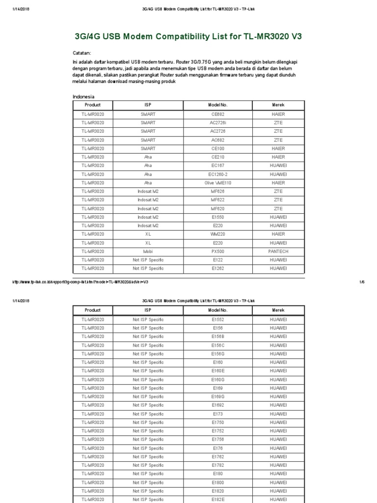 3G - 4G USB Modem Compatibility List For TL-MR3020 V3 - TP-Link PDF | PDF