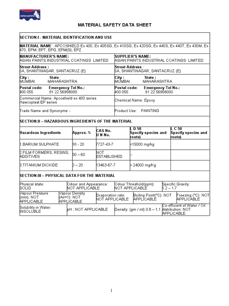 Msds - Epoxy Paint PDF | PDF | Explosive Material | Combustion