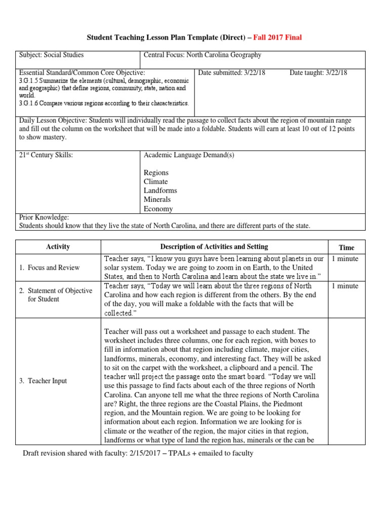 Student Teaching Lesson Plan Template (Direct) - : Fall 2017 Final ...