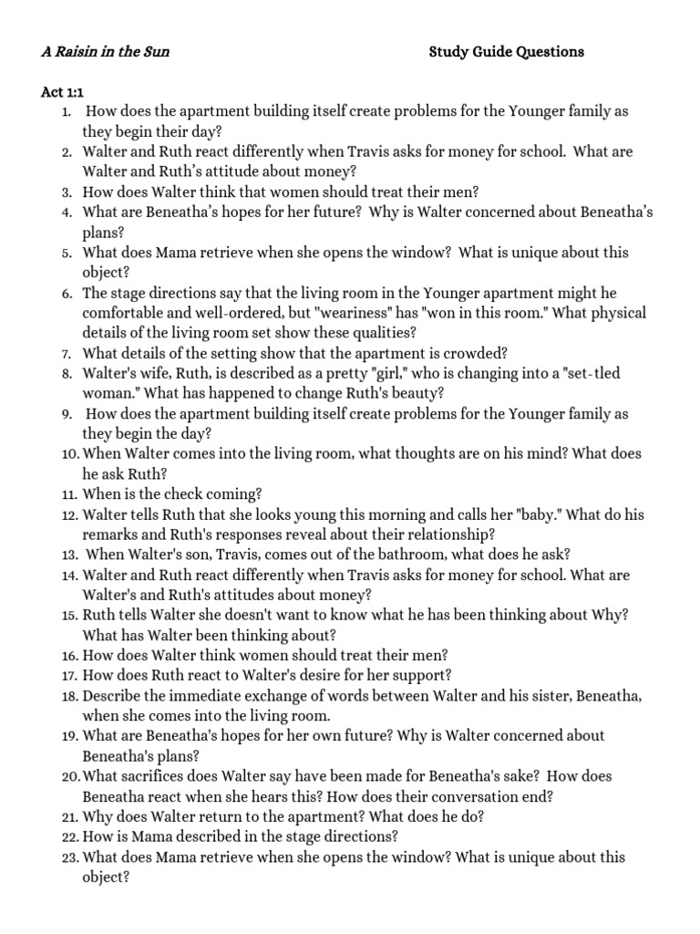 A Raisin in The Sun Study Guide Questions | PDF
