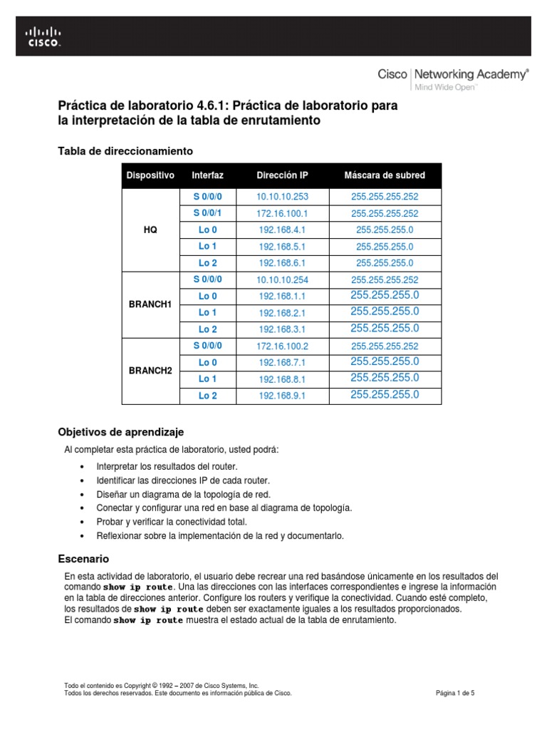 Laboratorio 4.6.1 Interpretacion de Tabla de Enrutamiento | PDF