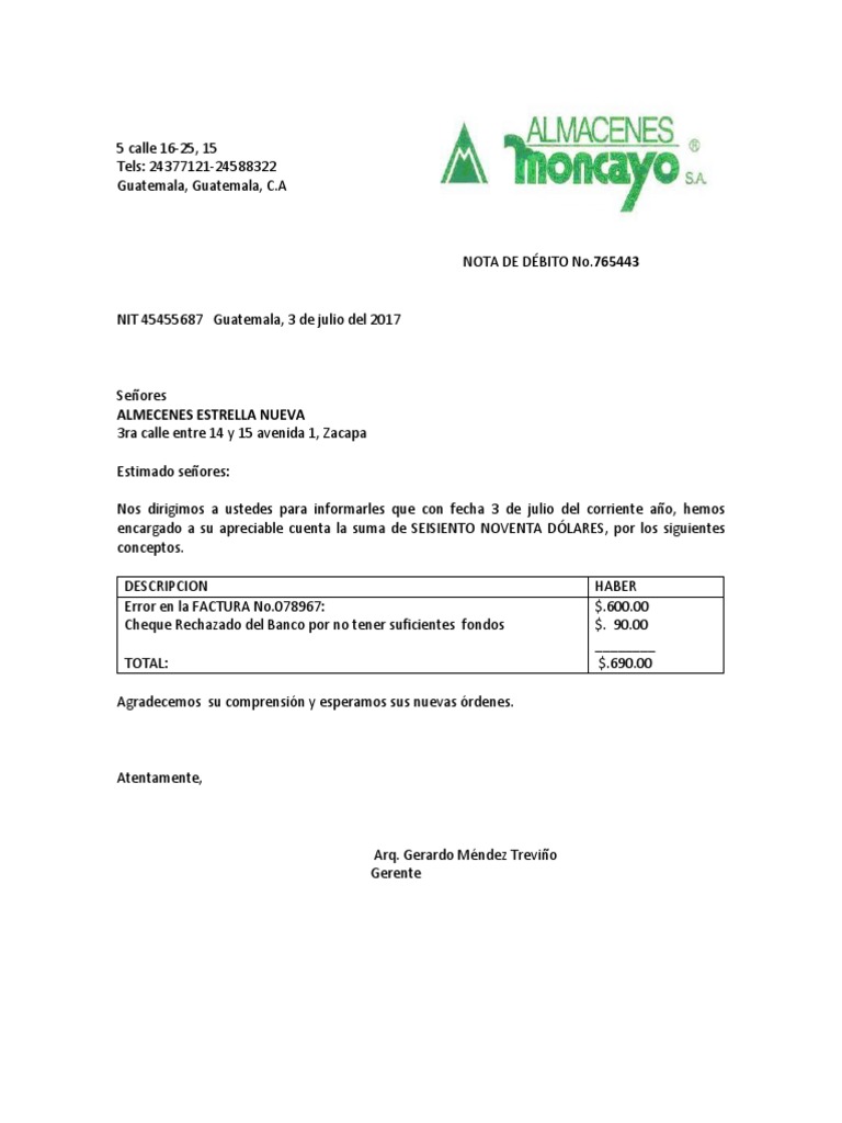 Carta de Debito y Nota de Saldo | Guatemala | Industrias de servicio