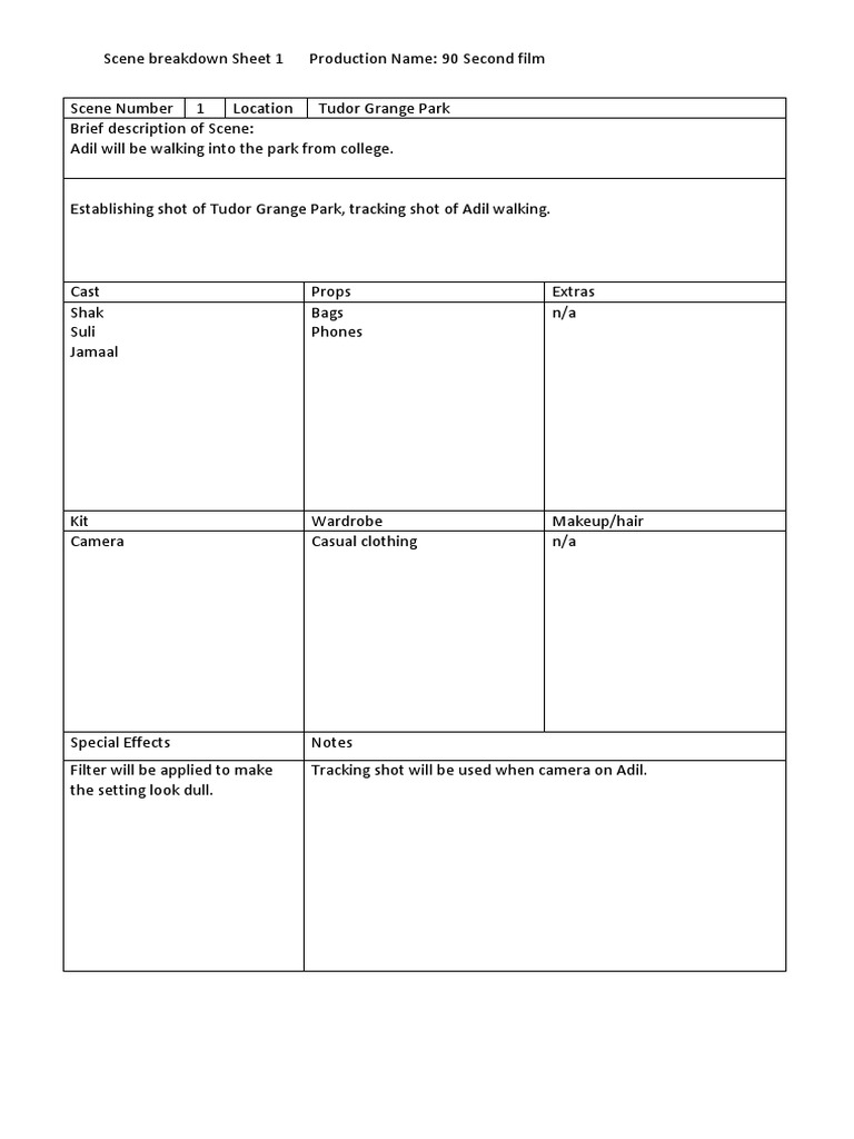 Scene Breakdown Sheet 1 | PDF