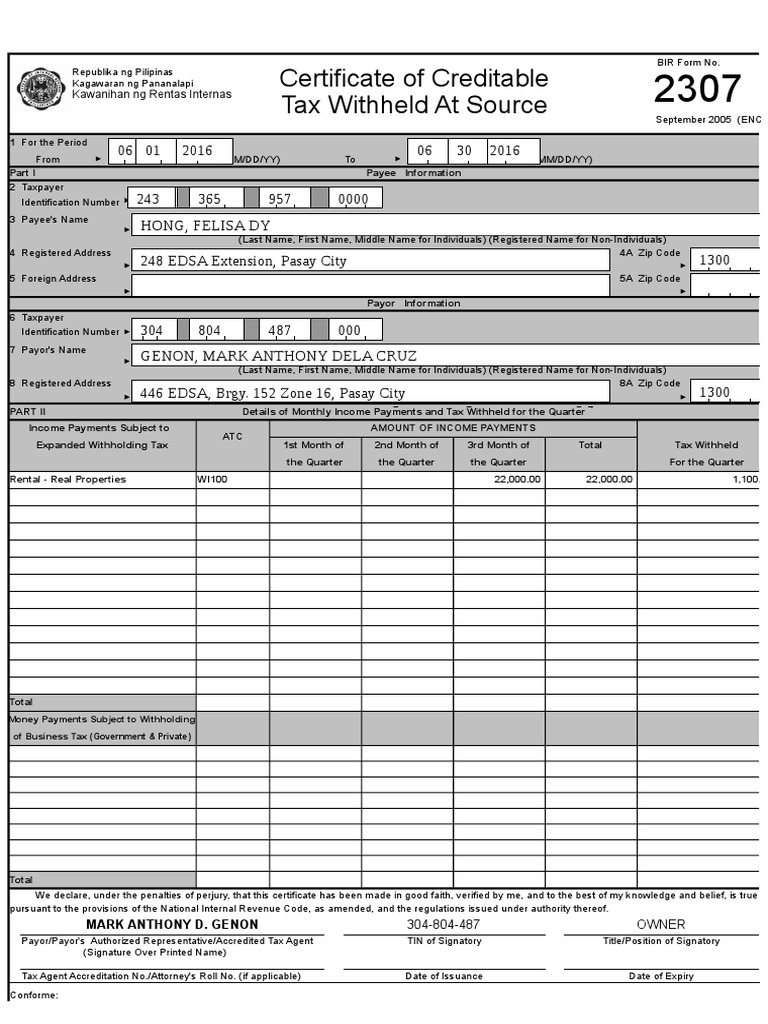 Form 2307 - EDSA Branch | PDF | Withholding Tax | Taxpayer