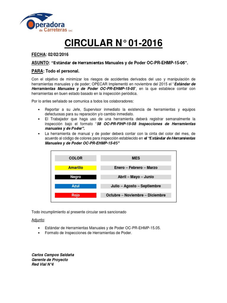 01 - Circular - 01-2016 Estándar de Herramientas Manuales y de Poder OC-PR-EHMP-15-05 | PDF
