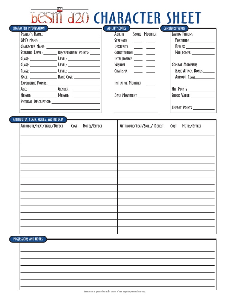 BESM D20 - Character Sheet | PDF | Role Playing | Video Games