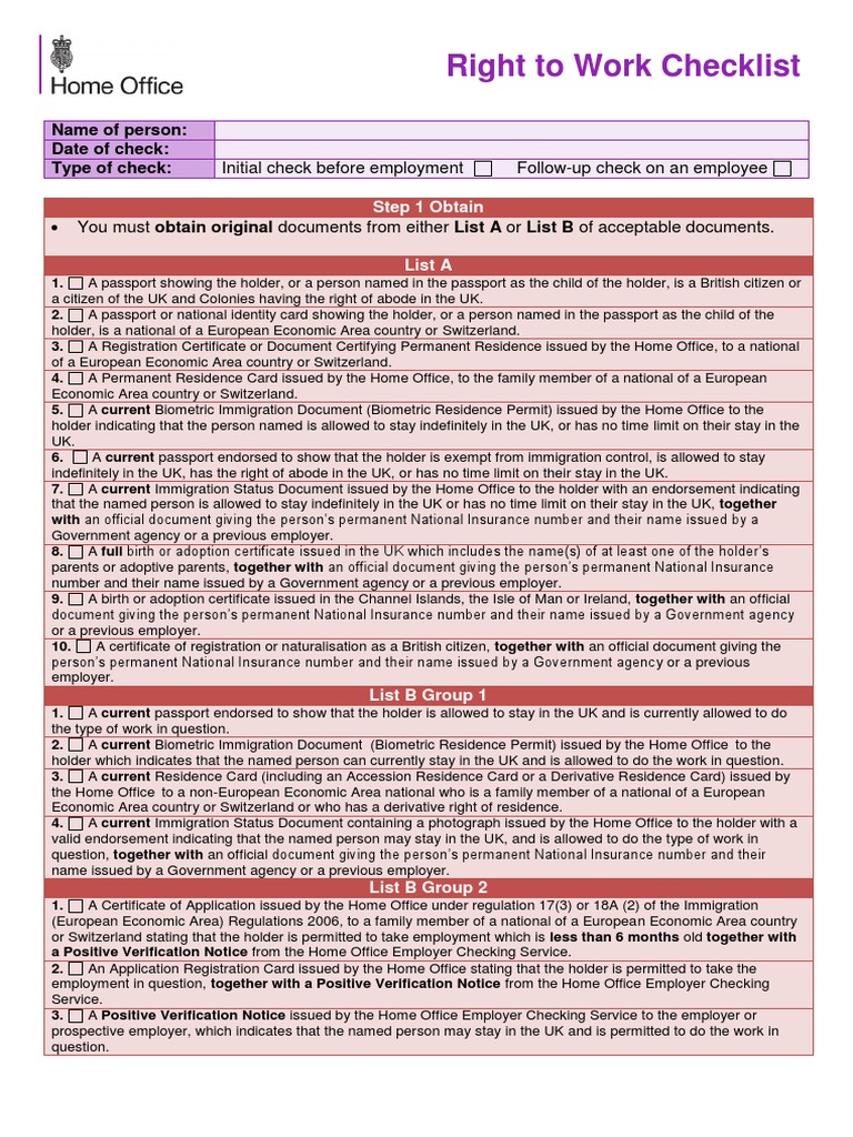 Employers Right To Work Checklist November 2014 | PDF | Passport ...