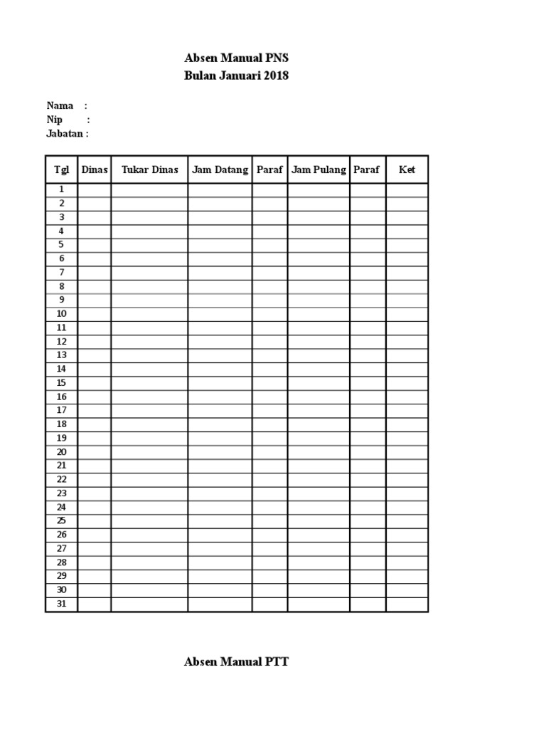 Absen Manual PNS Bulan Januari 2018 | PDF