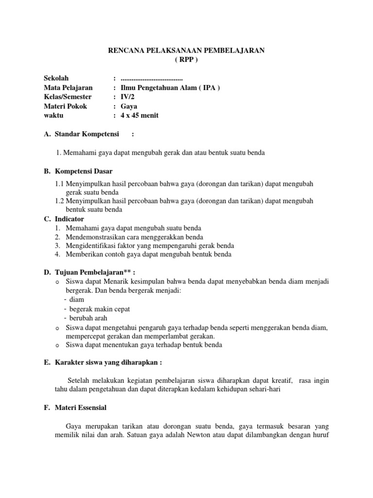 Contoh RPP Ipa Kelas 4 Semester 2 | PDF