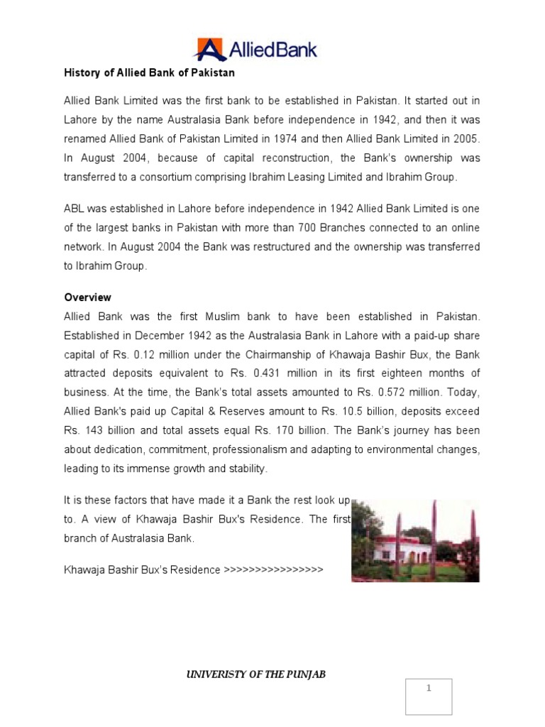 History of Allied Bank of Pakistan: Univeristy of The Punjab | PDF ...