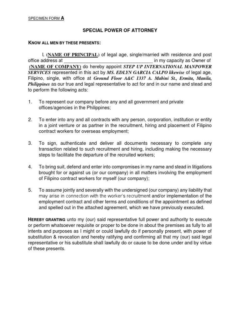 Special Power of Attorney Sample Form | PDF | Power Of Attorney | Civil ...