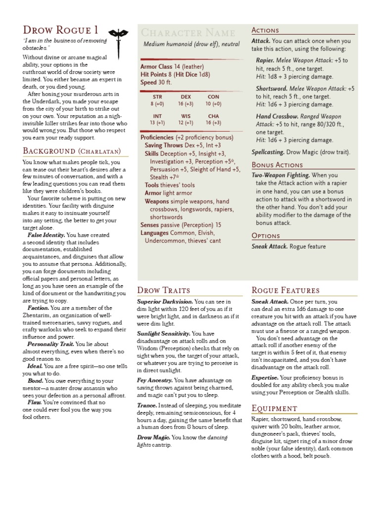 Drow Rogue 1: Character Name | PDF | Drow (Dungeons & Dragons) | Weaponry