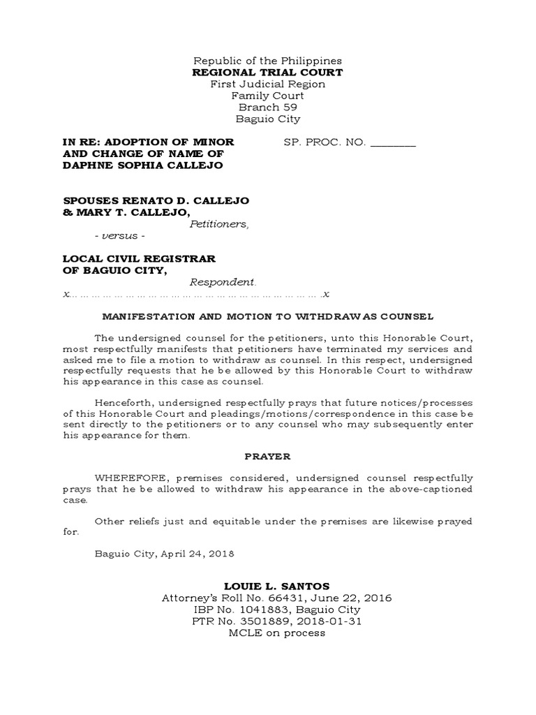 Motion to Withdraw as Counsel in the Adoption and Change of Name Case ...