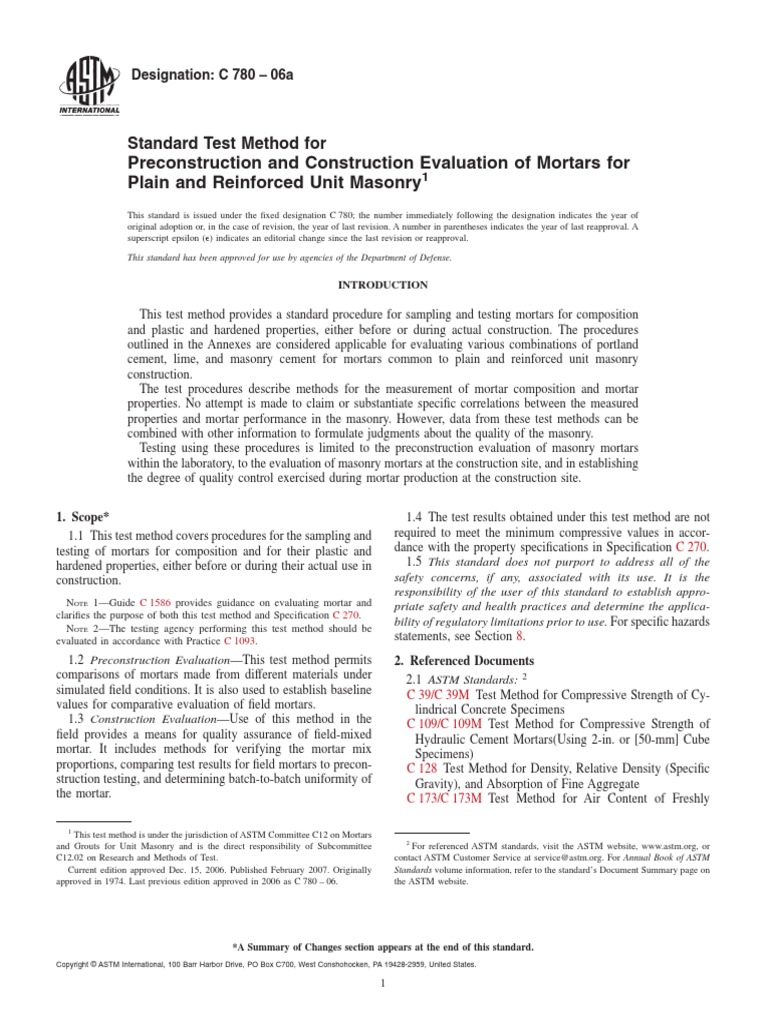 ASTM C-780 mortar.pdf | Mortar (Masonry) | Concrete | Free 30-day Trial ...