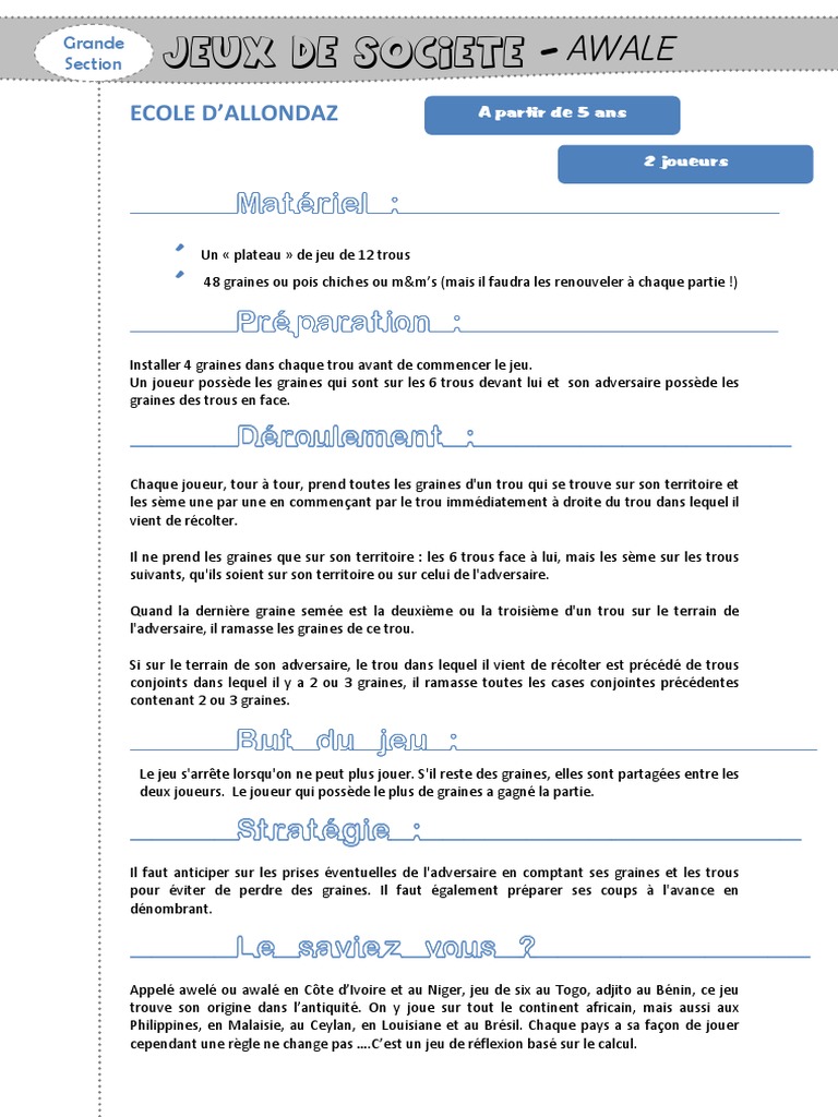 Règles du jeu Awalé pour débutants | PDF | Graine | Activités de loisir