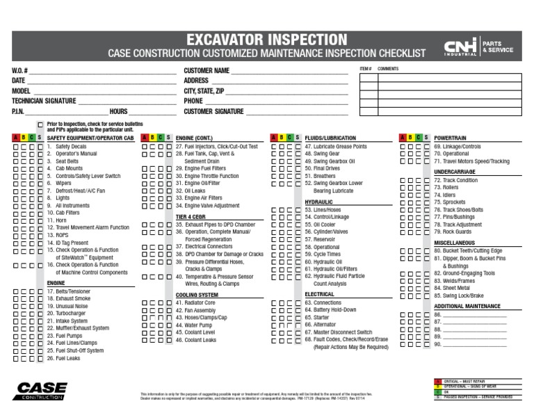 Excavator Inspection Checklist | PDF | Transmission (Mechanics) | Engines
