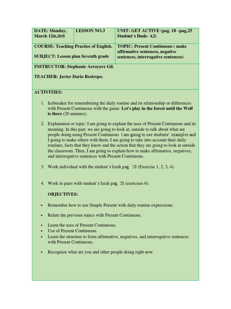 Present Continuous Lesson Plan A2 | PDF | Question | Pedagogy