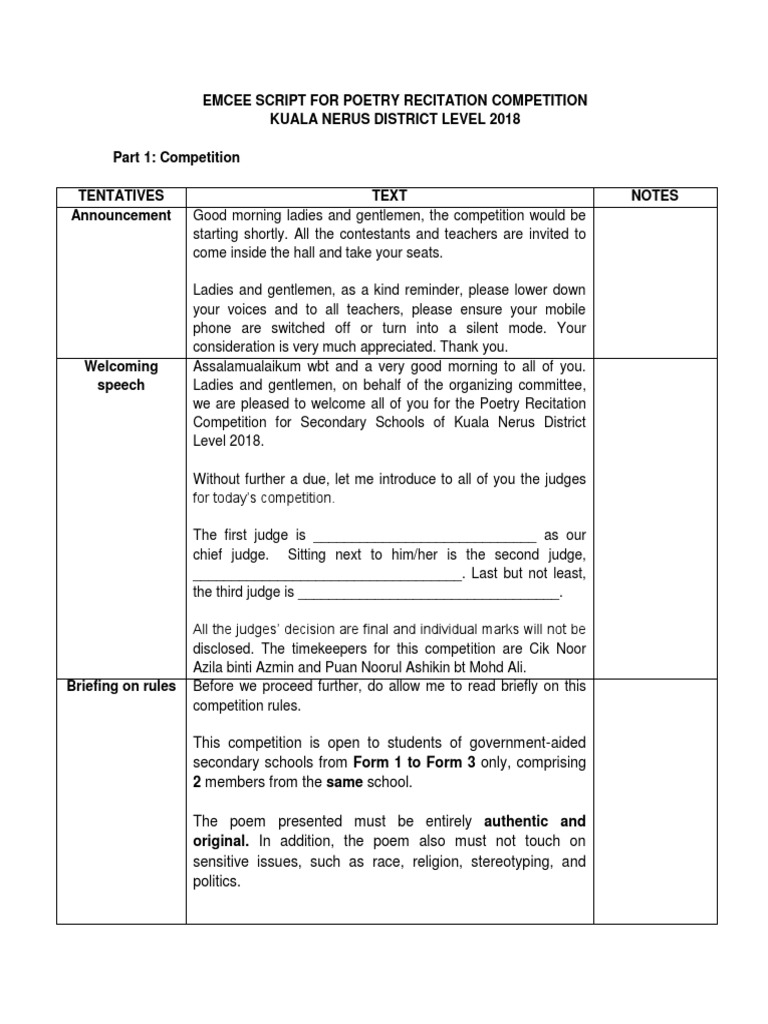 Emcee Script For Poetry Recitation Competition | PDF