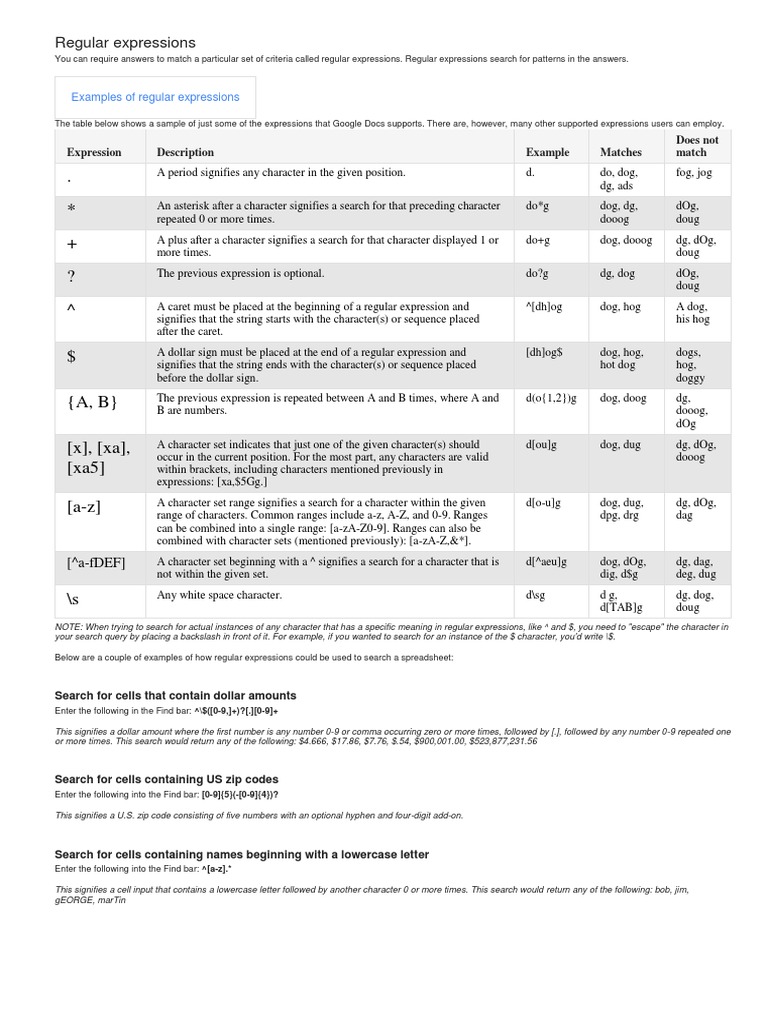 Regular Expressions Format in Google Form | PDF | Regular Expression | Notation