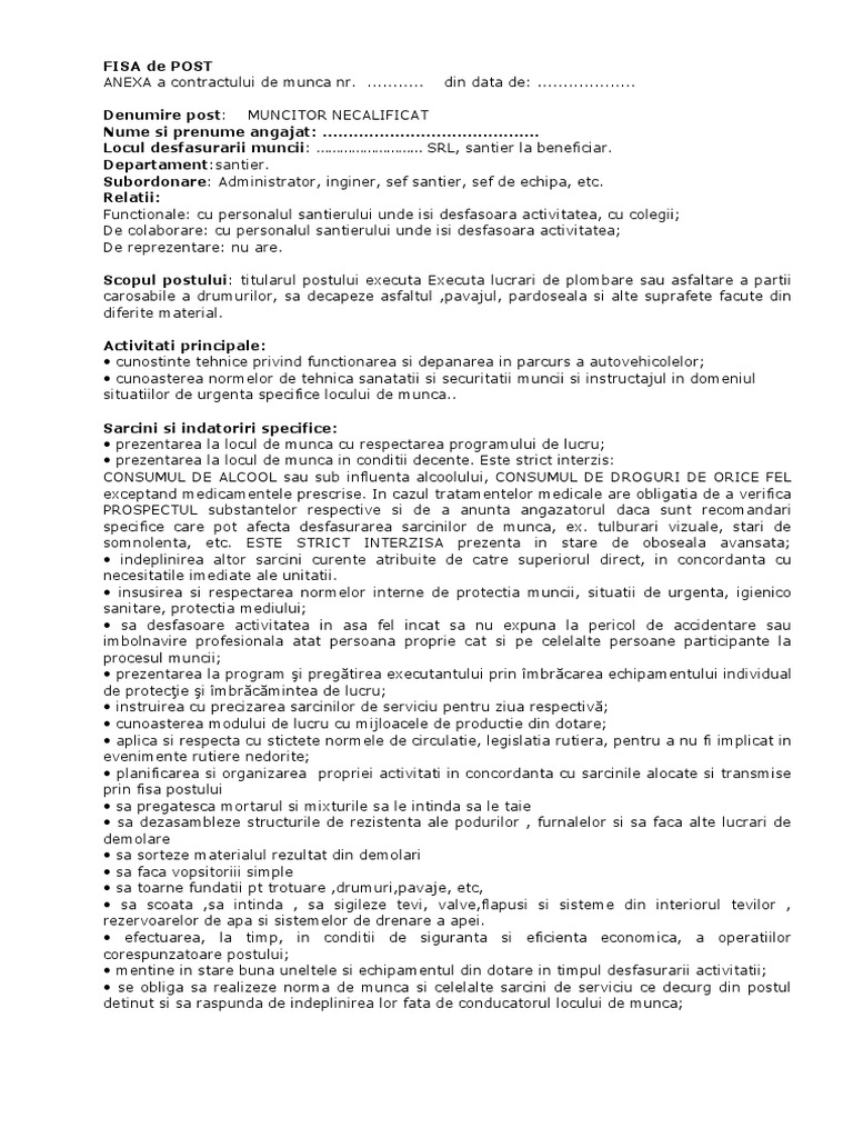 Fisa Post Muncitor Necalificat | PDF