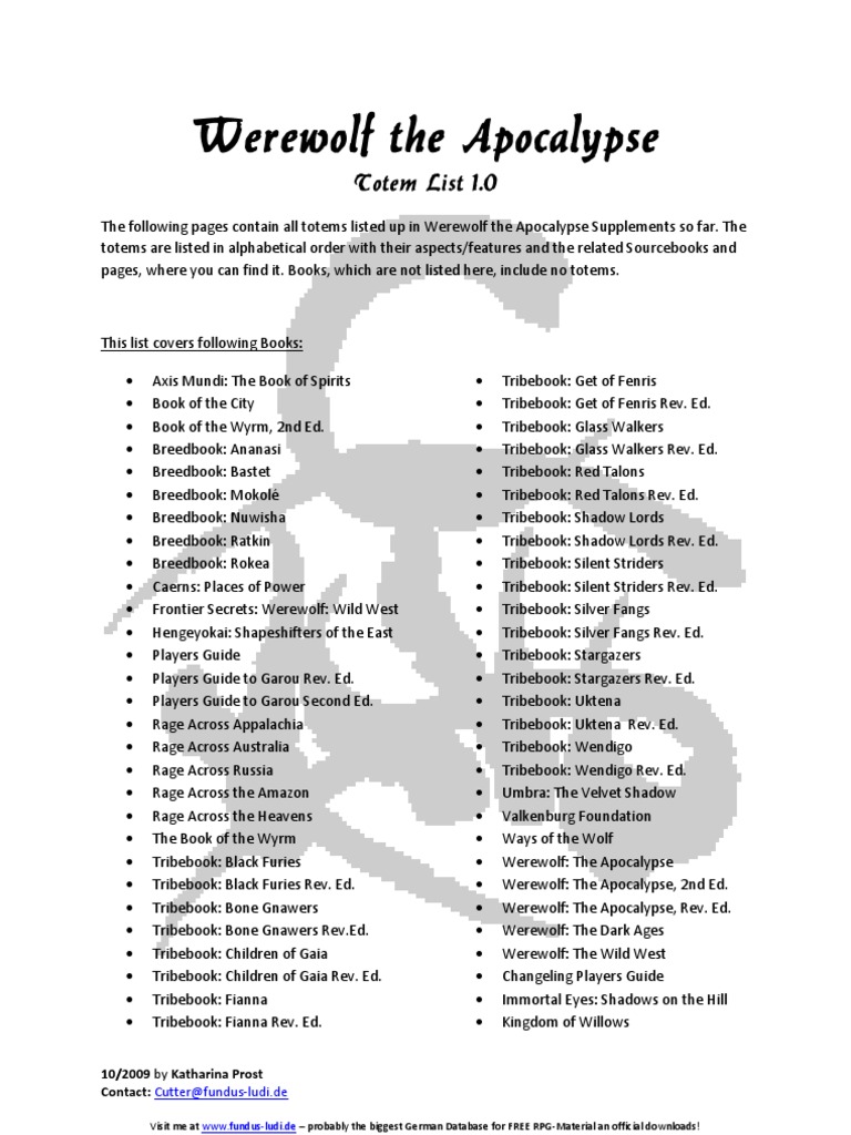 Werewolf: The Apocalypse Totem List | PDF | Religion & Spirituality