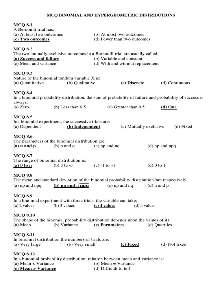 MCQs on Binomial and Hypergeometric Distributions | PDF | Probability ...