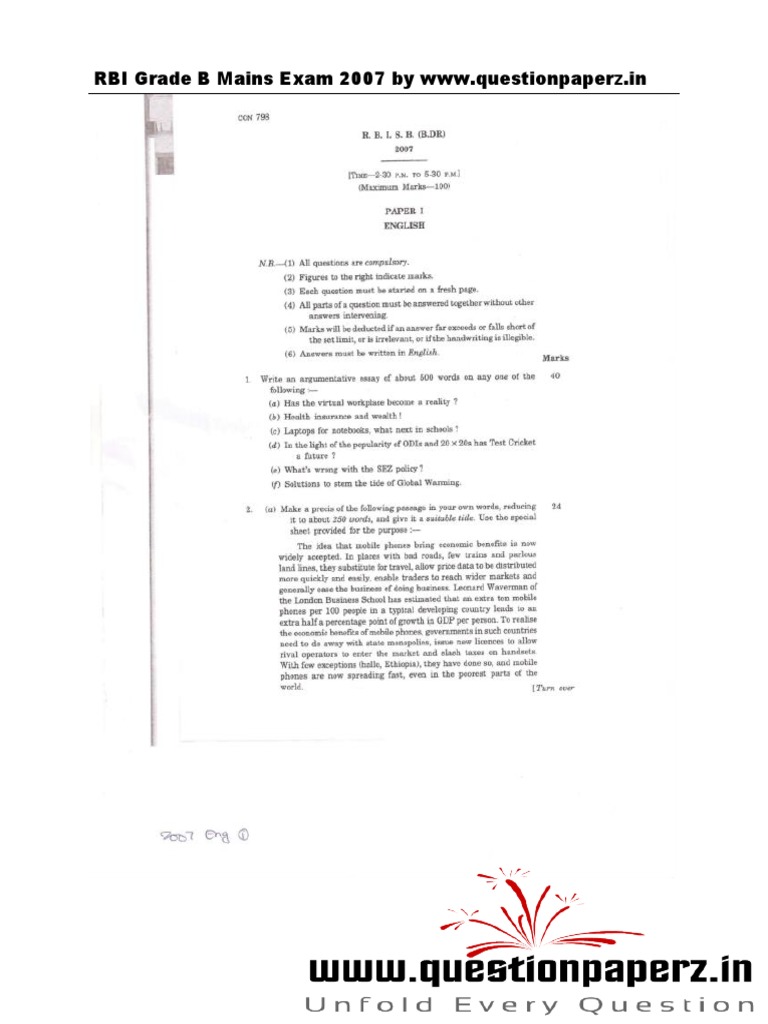 RBI Grade B Mains Exam 2007 by WWW - Questionpaperz.in | PDF