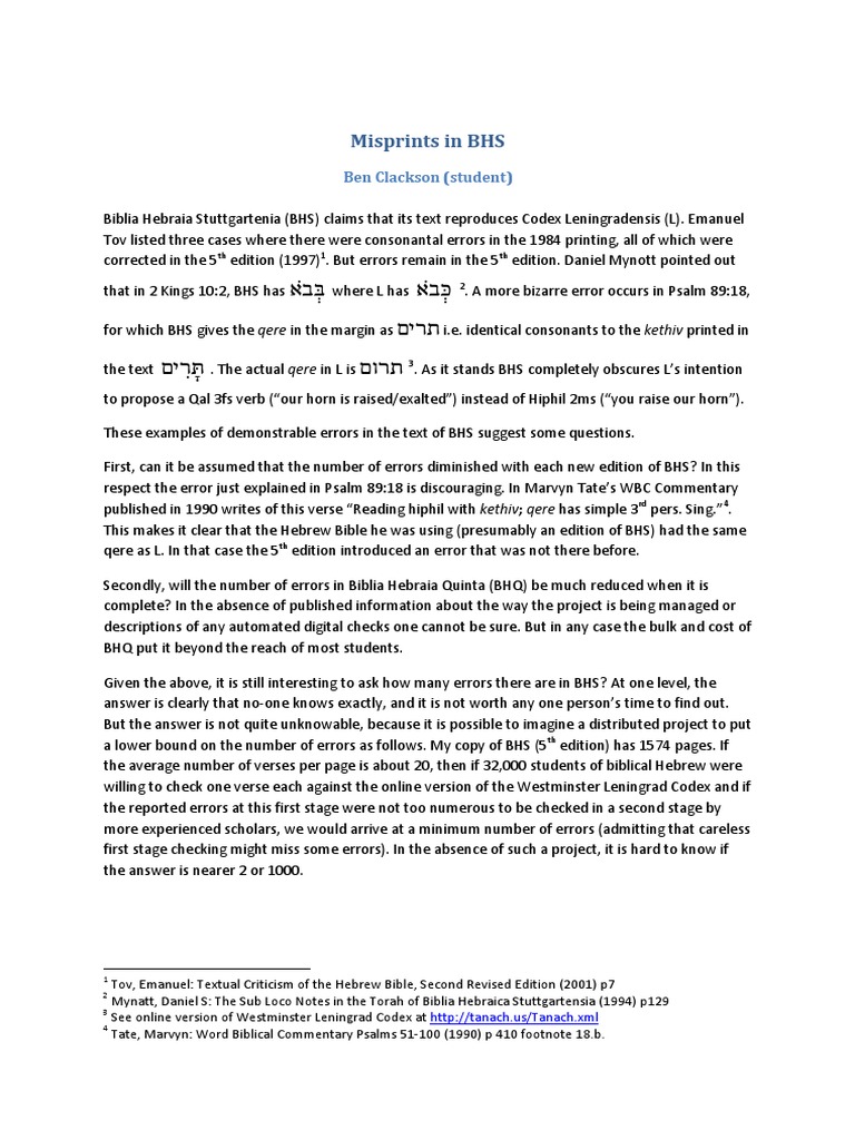 Misprints in BHS PDF | PDF | Bible Versions And Translations | Jewish Texts
