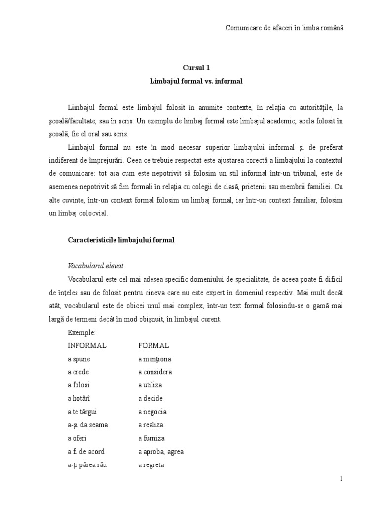 1.1. Limbajul Formal Vs Informal - Curs | PDF