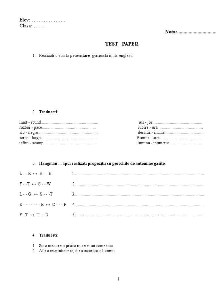 Nota:............................... Test Paper: Elev: Clasa: . | PDF