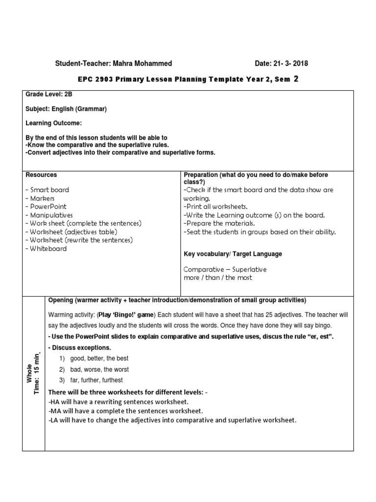 Comparative and Superlative Lesson Plan | PDF | Worksheet | Adjective