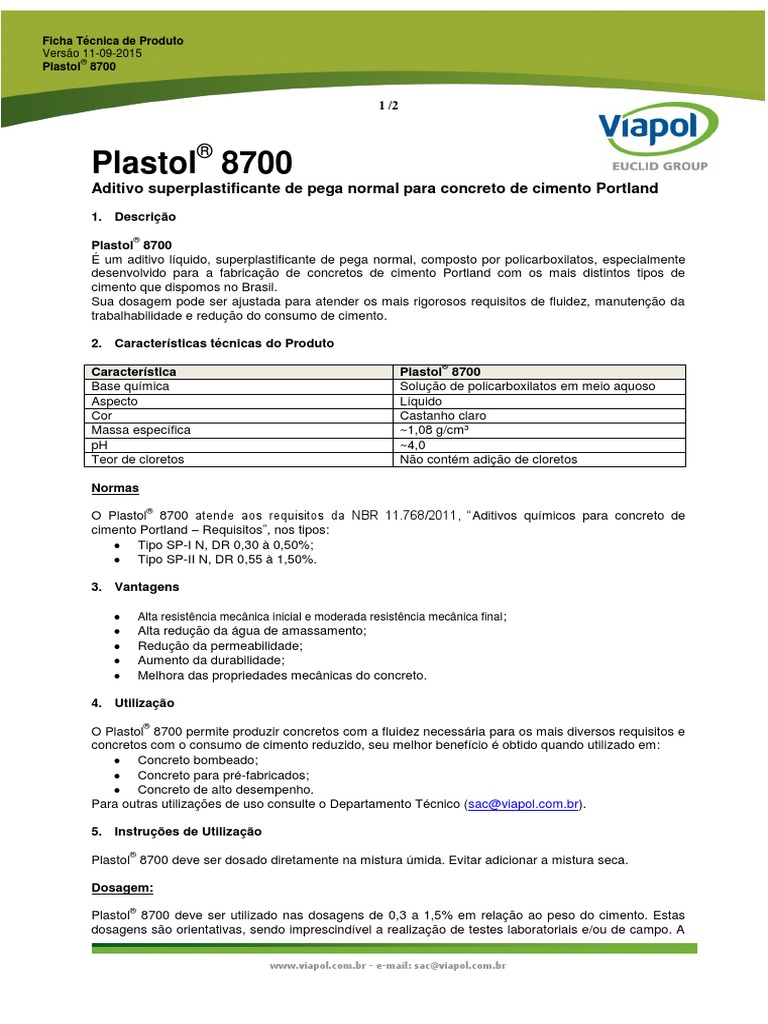 Plastol 8700 | PDF | Cemento | Empaquetado y Etiquetado