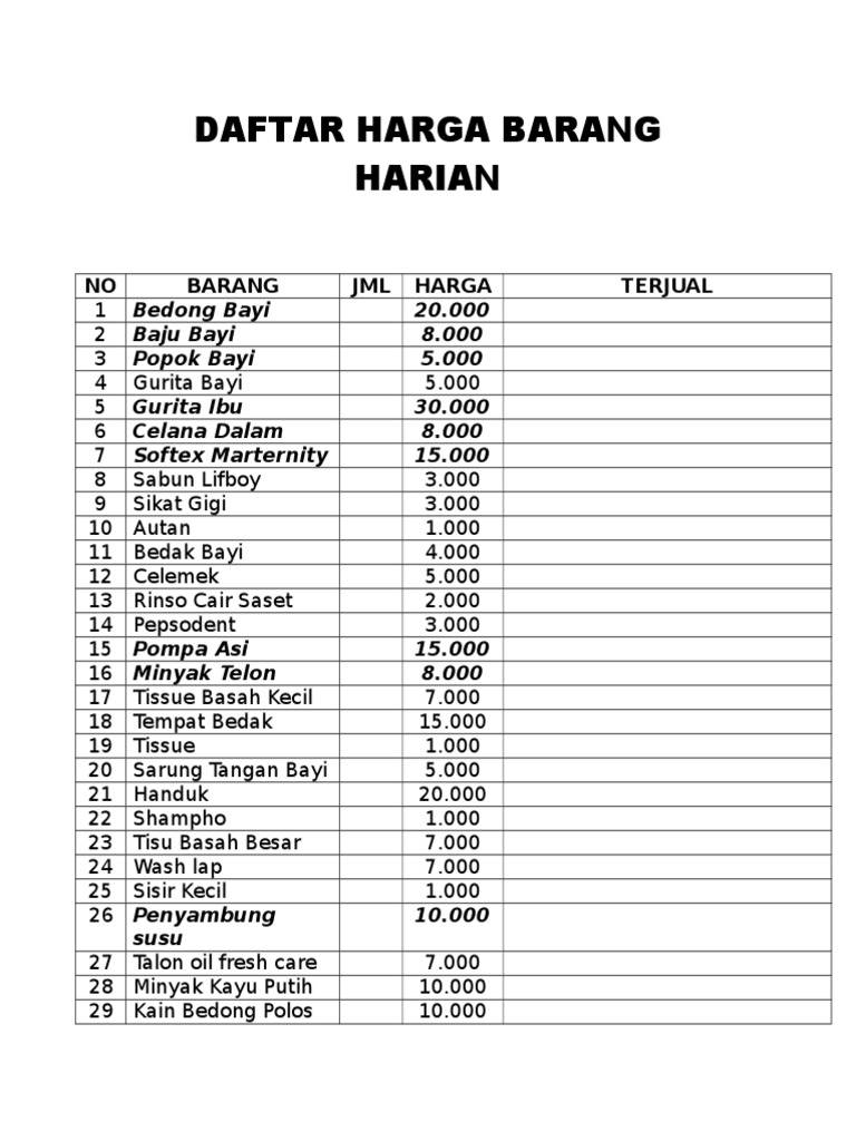 Daftar Harga Barang Harian | PDF