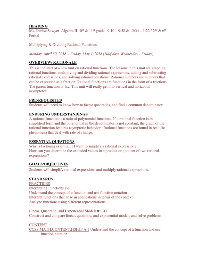 Rational Functions Lesson Plan | PDF | Fraction (Mathematics ...