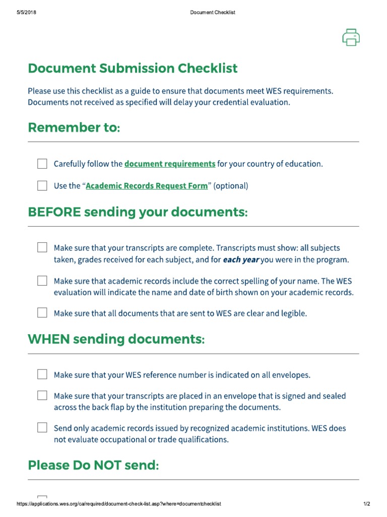 Document Submission WES Checklist | PDF