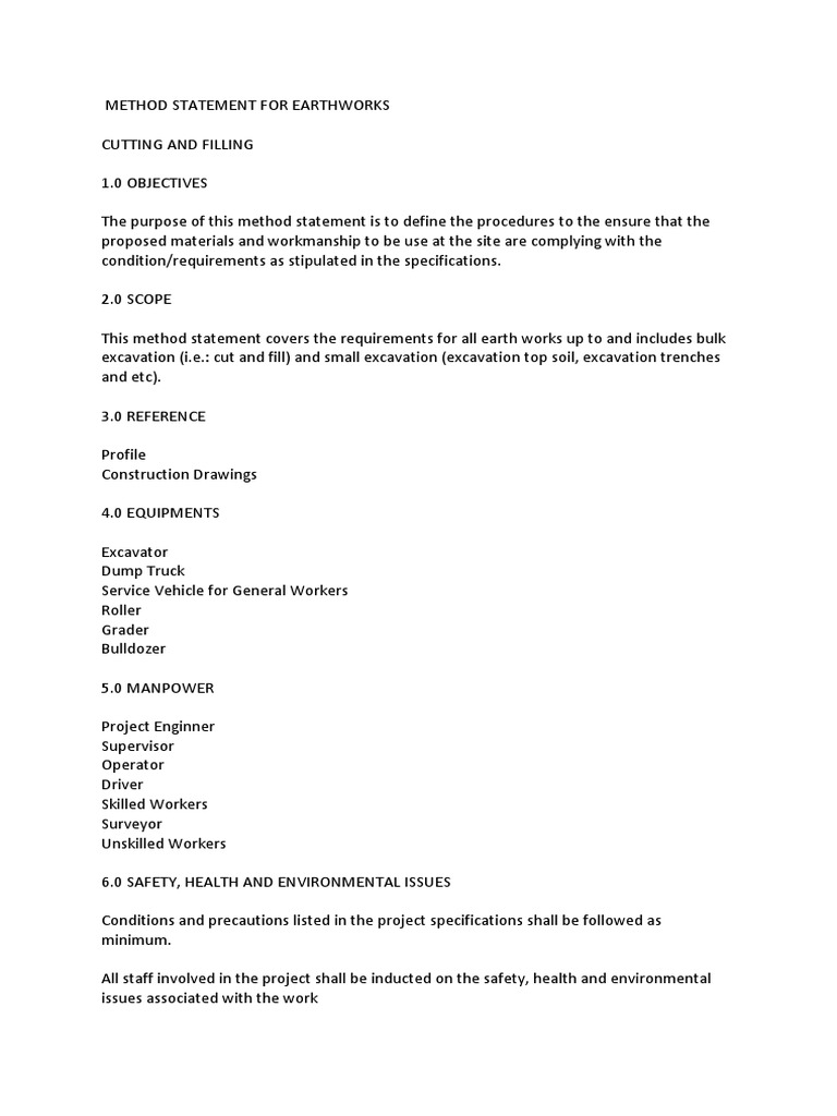 Method Statement For Earthworks | Download Free PDF | Excavation ...