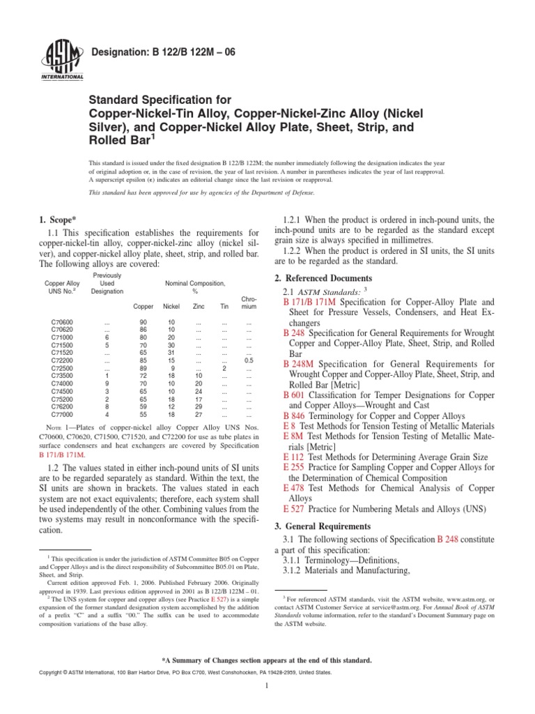 Material ASTM B 122B 122M - 06 | PDF | Pascal (Unit) | Copper