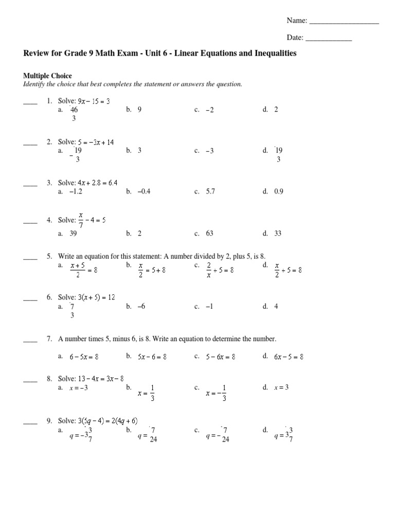 Grade 9 Linear Equations Review | PDF | Equations | Inequality ...