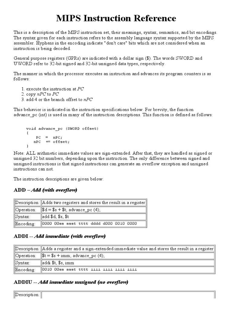 MIPS Instruction Reference UIdaho | PDF | Assembly Language | Subroutine MIPS Instruction Reference UIdaho | PDF | Assembly Language | Subroutine