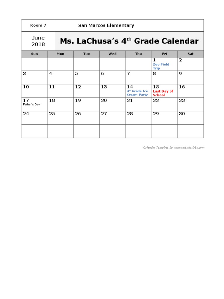 June 2018 4th Grade Calendar | PDF