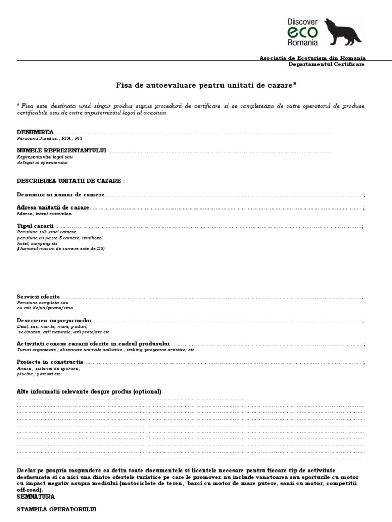 Fisa de Autoevaluare A Unitatii de Cazare | PDF
