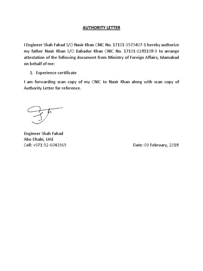 Authority Letter - MOFA | PDF