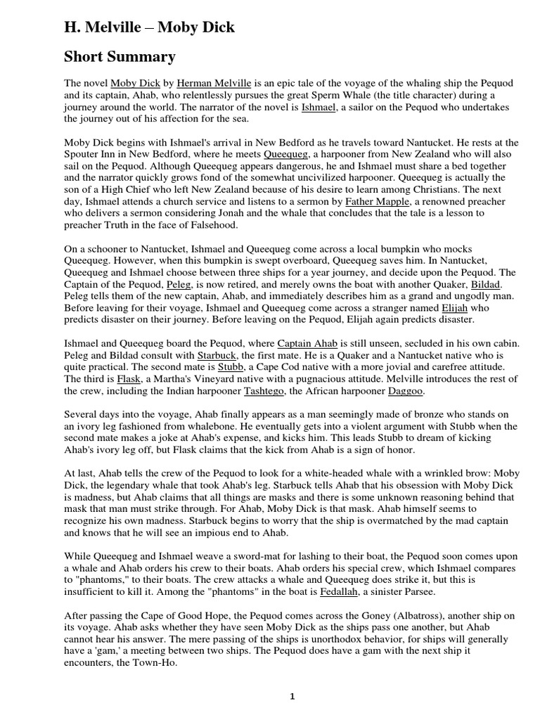 H. Melville - Moby Dick Short Summary | PDF | Moby Dick | Captain Ahab