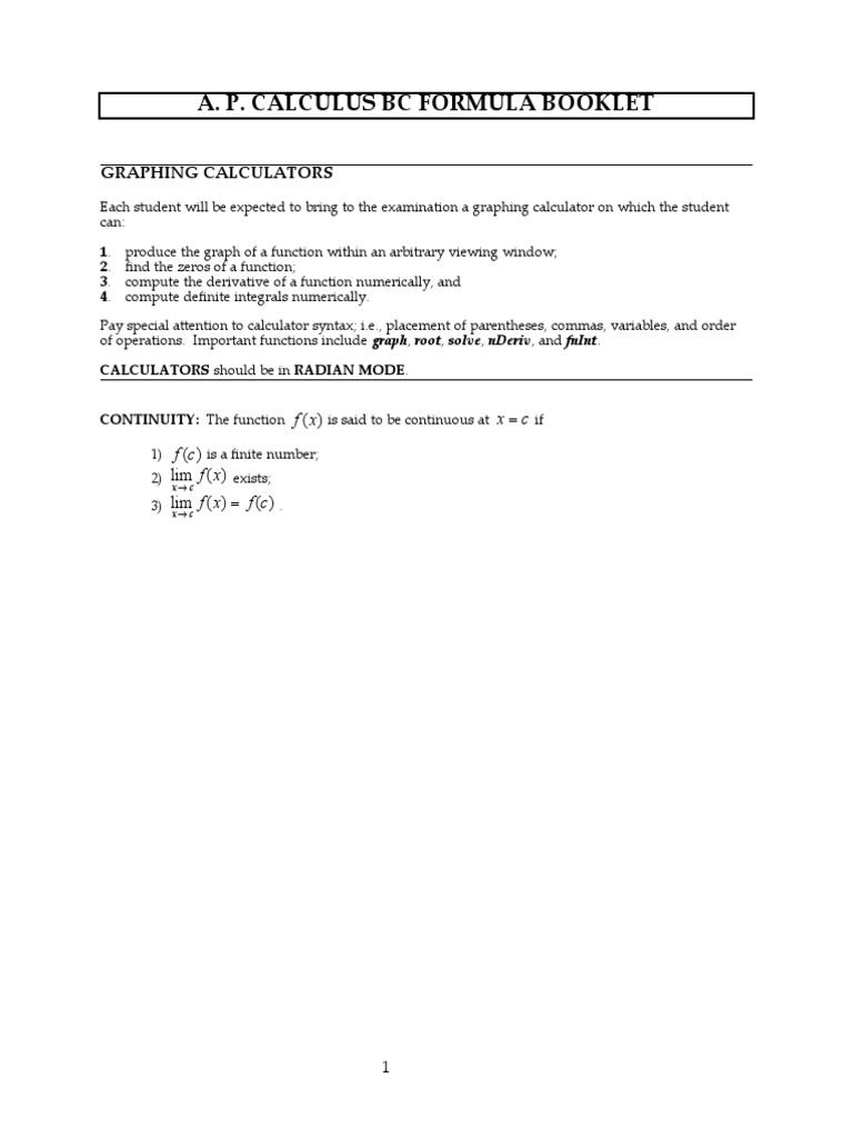 Calculus BC Formulas | Integral | Derivative