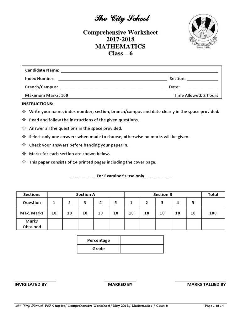 Class 6 Mathematics Comprehensive Worksheet | PDF | Volume | Area