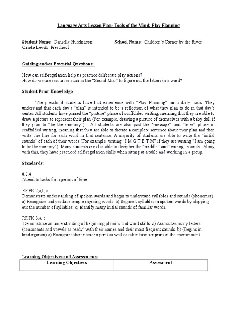 Lesson Plan Tools of The Mind Play Planning | PDF | Teachers | Writing