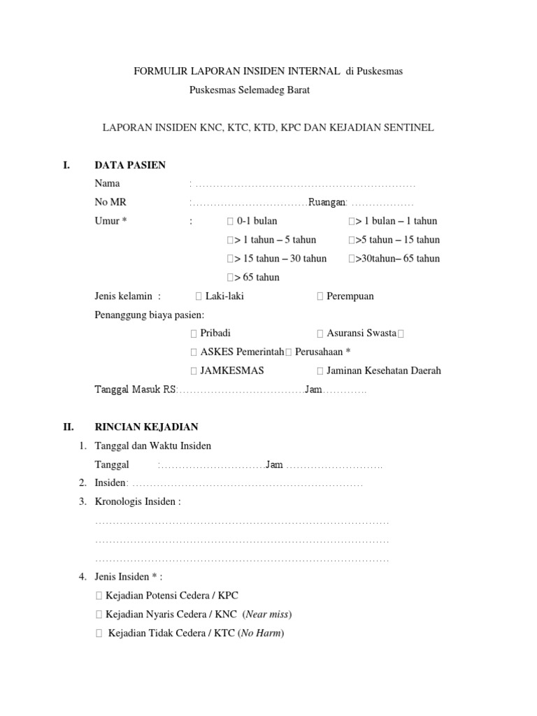 Formulir Laporan Insiden Internal Di Puskesmas | PDF