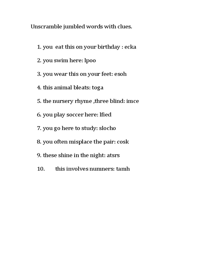 Unscramble Jumbled Words With Clues | PDF