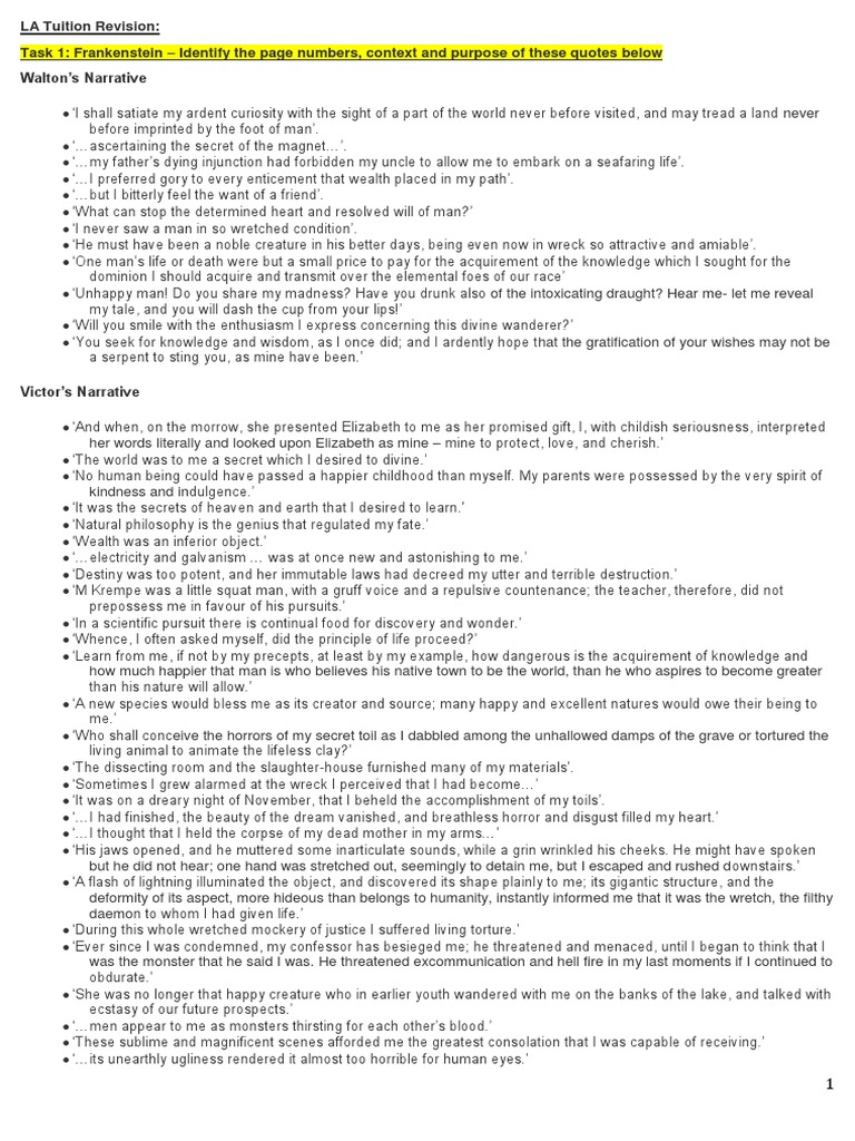 Frankenstein Analysis Quotes Frankenstein Analysis Notes WACE