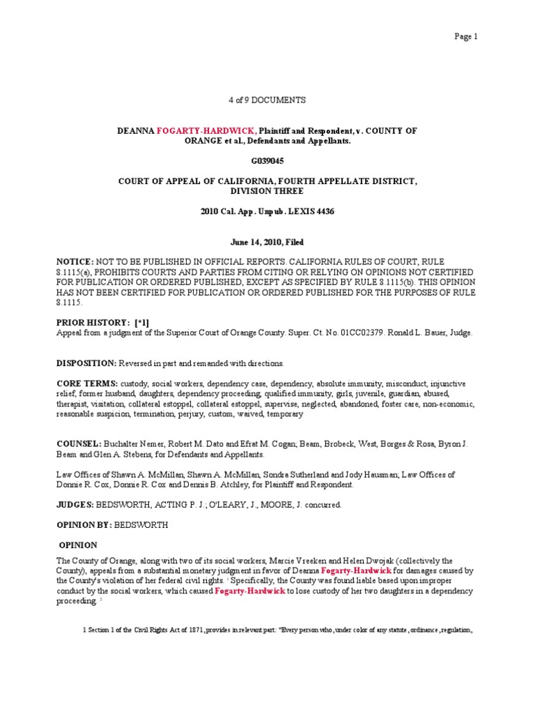 Fogarty-Hardwick v. County of Orange, Et Al. Superior Court of ...